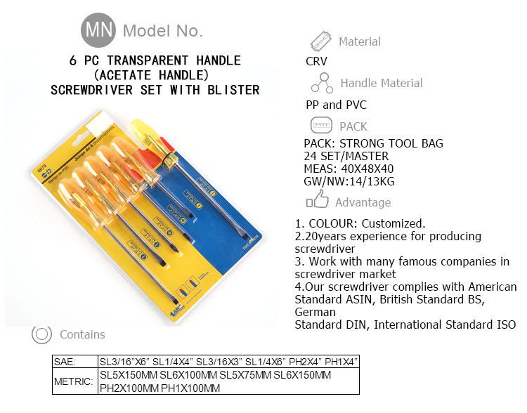 Custom China Screwdriver Tool Set With Blister 6 Pc Transparent Handle ...